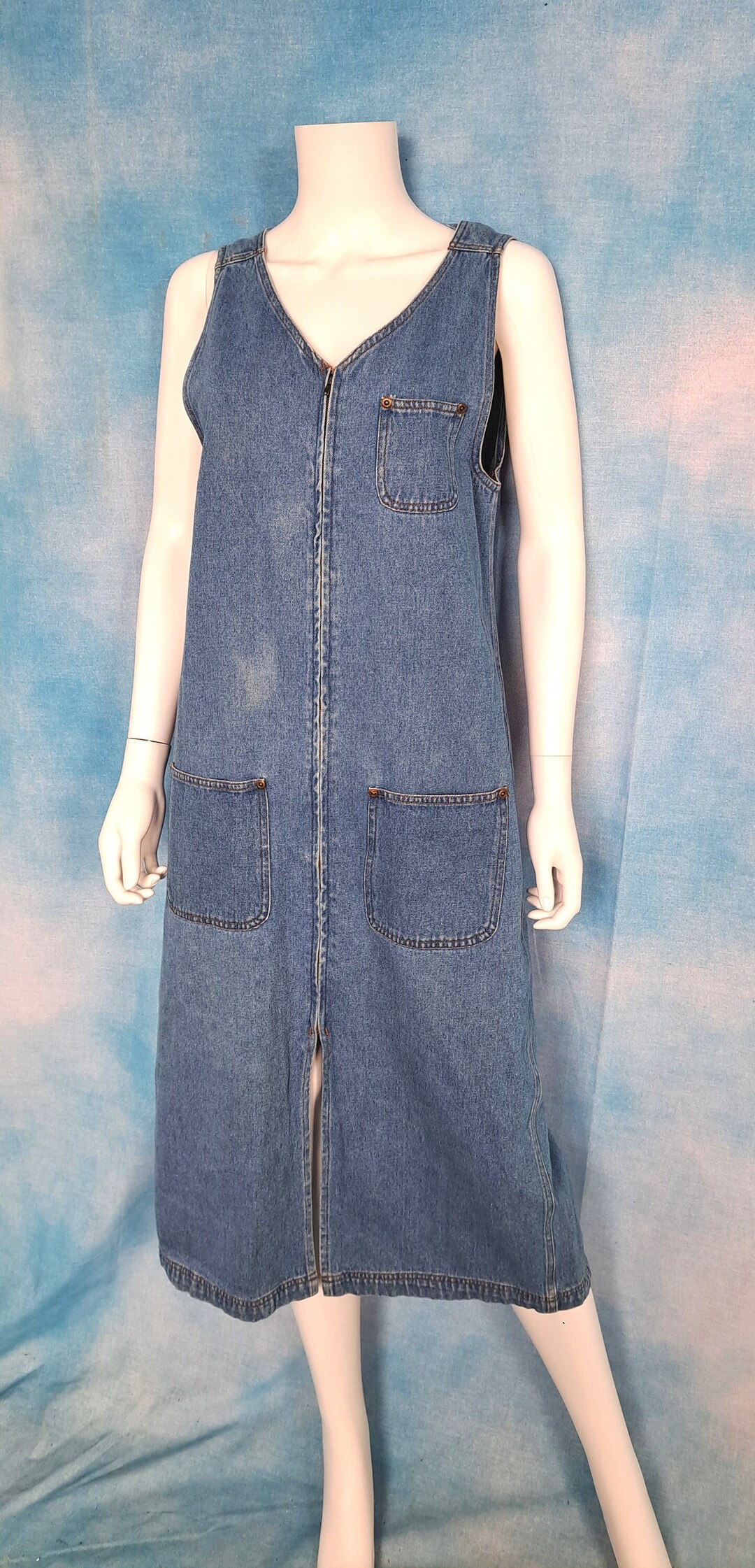 Vintage 90s Medium Wash Denim Jean V Neck Jumper Midi Dress, Zipper ...