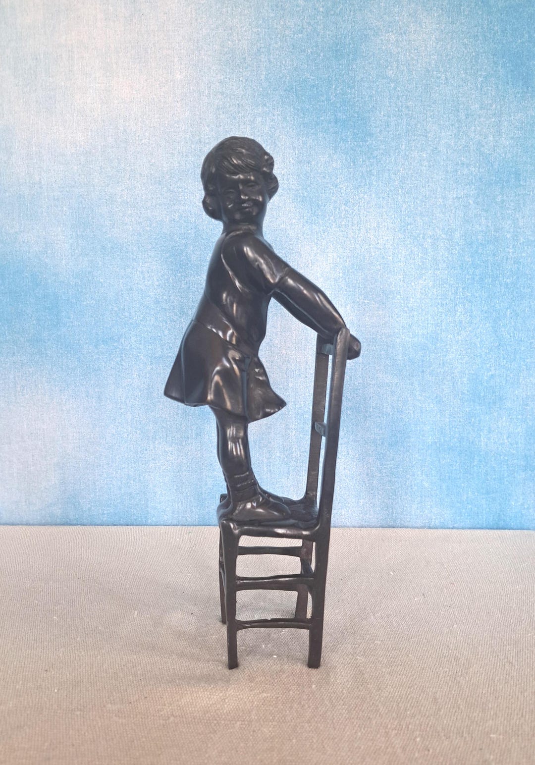 Vintage 70s Solid Bronze 11" Statue of Little Girl Standing on Chair ...