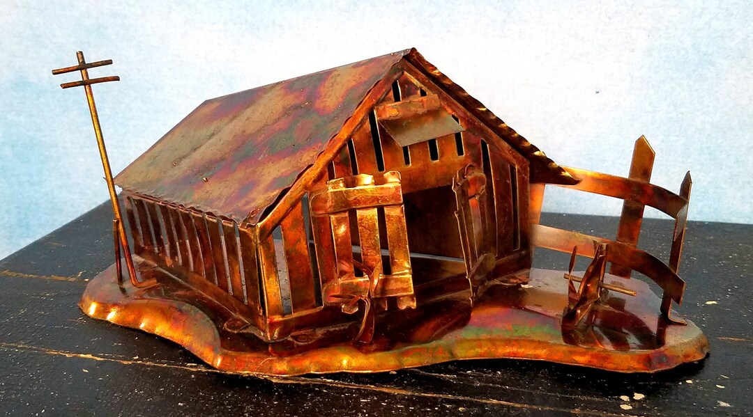 Vintage 70s Torch Cut Copper Barn and Barnyard Sculpture, Curtis Jere ...