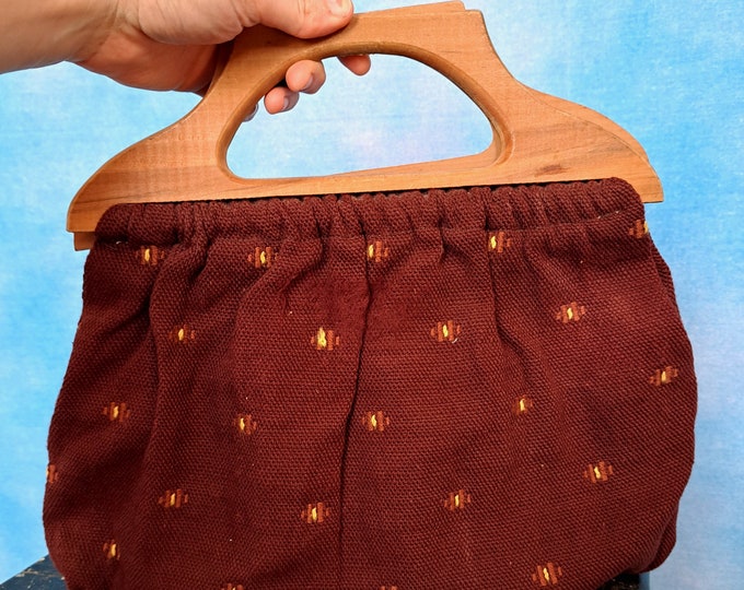 Vintage 1940s Large Homemade Woven Cloth Purse With Wooden Handles ...