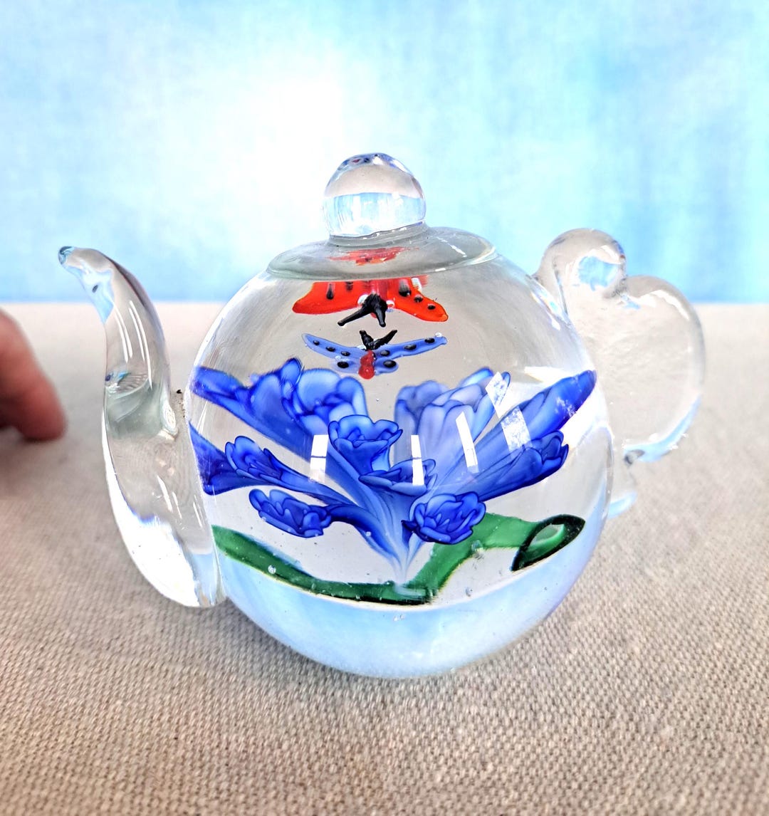 Vintage 80s Hand Blown Art Glass Teapot Paperweight With Blue Flowers ...