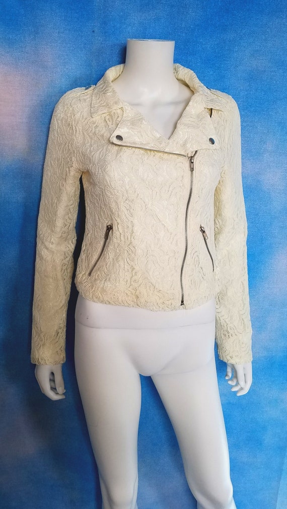 Vintage 90s Y2K White Lace Moto Motorcycle Style Crop… - Gem