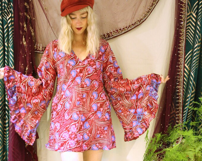 Boho Hippie 60s 70s Silk Mini Dress Flared Bell Sleeves. Bell Sleeves ...