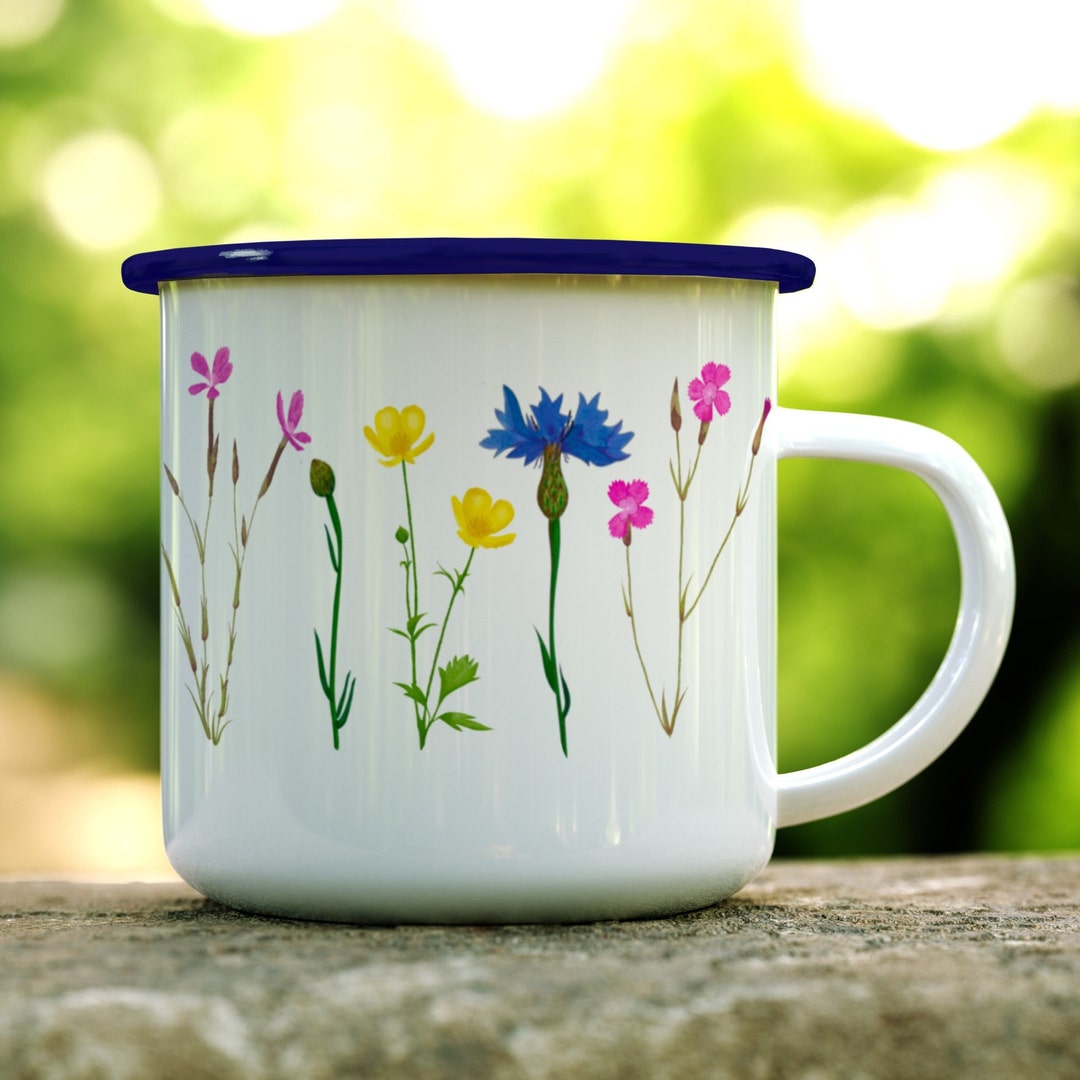 Blumen Tasse, Emaille Tasse mit Wildblumen Zeichnung Geschenk für ...