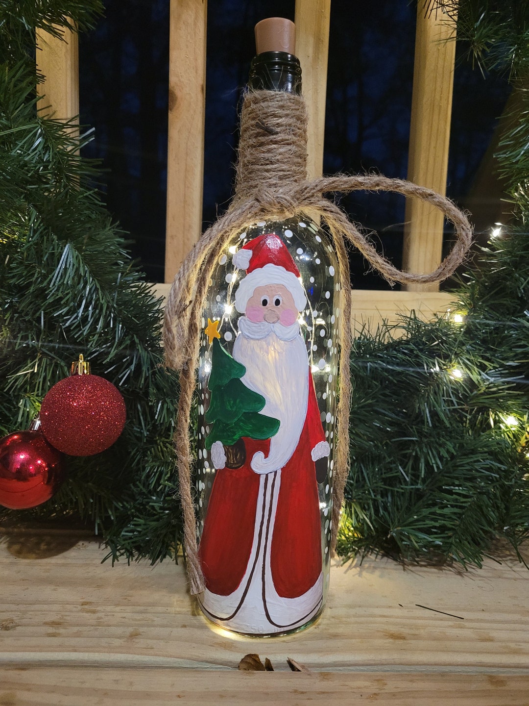 Hand-painted Lighted Santa Claus Wine Bottle Décor, Handmade Christmas ...