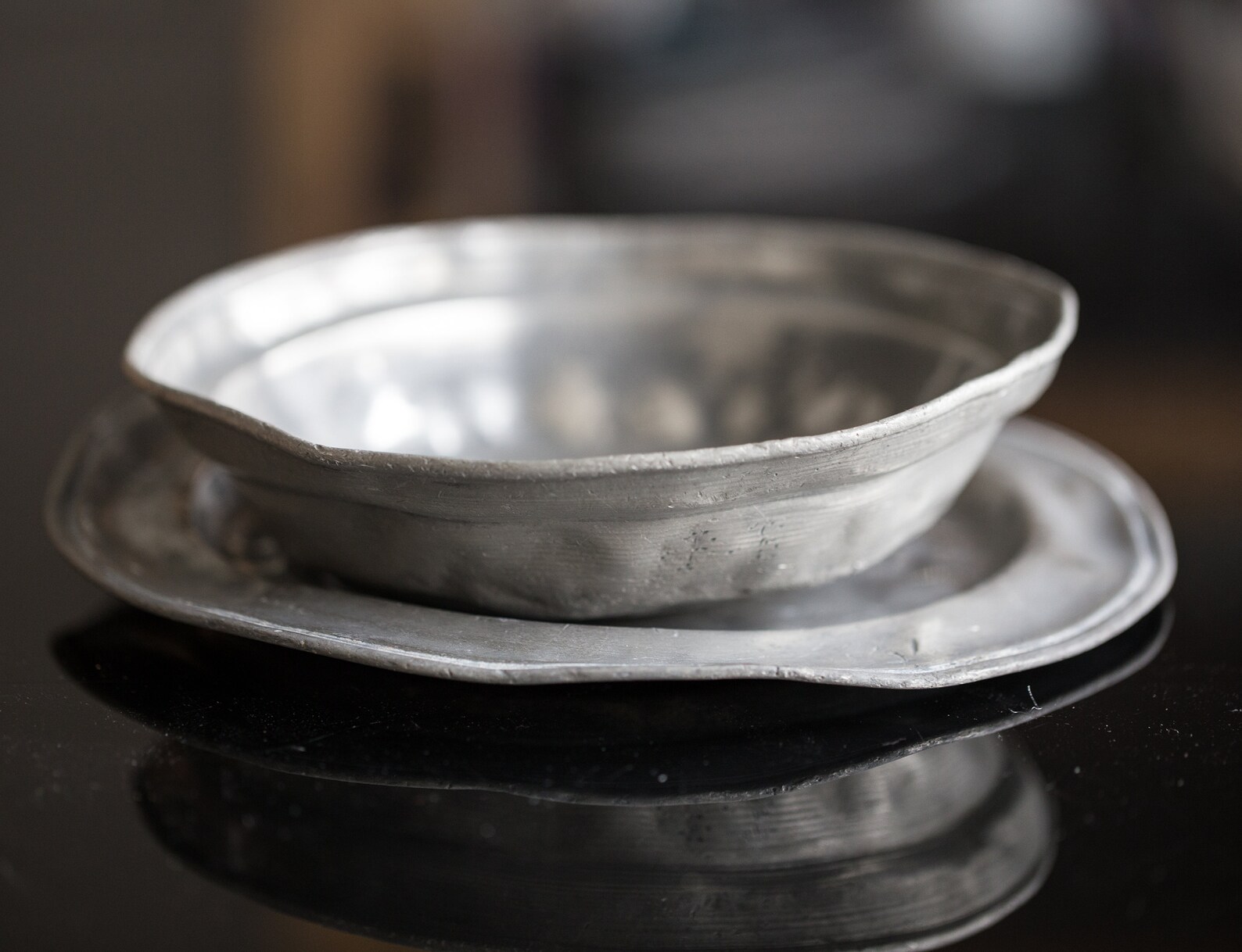Antique Pewter Bowl and Plate Dinner Dish French Primitive Rustic Home ...