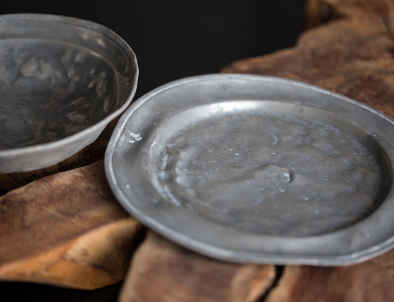 Antique Pewter Bowl and Plate Dinner Dish French Primitive Rustic Home ...