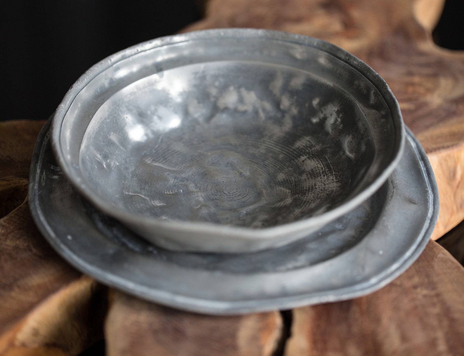 Antique Pewter Bowl and Plate Dinner Dish French Primitive Rustic Home ...