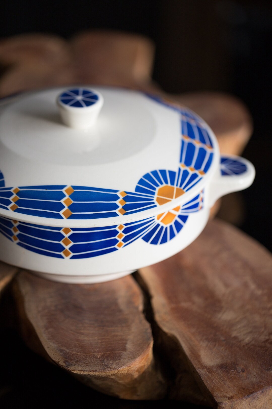 Antique French Art Deco Soup Tureen Large Vegetable Dish Blue Serving ...