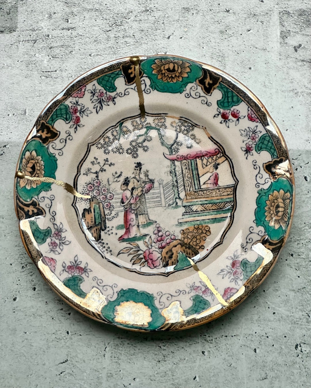 Kintsugi Antique Canton Japanese Decor Dessert Plate Gold Green Hand ...