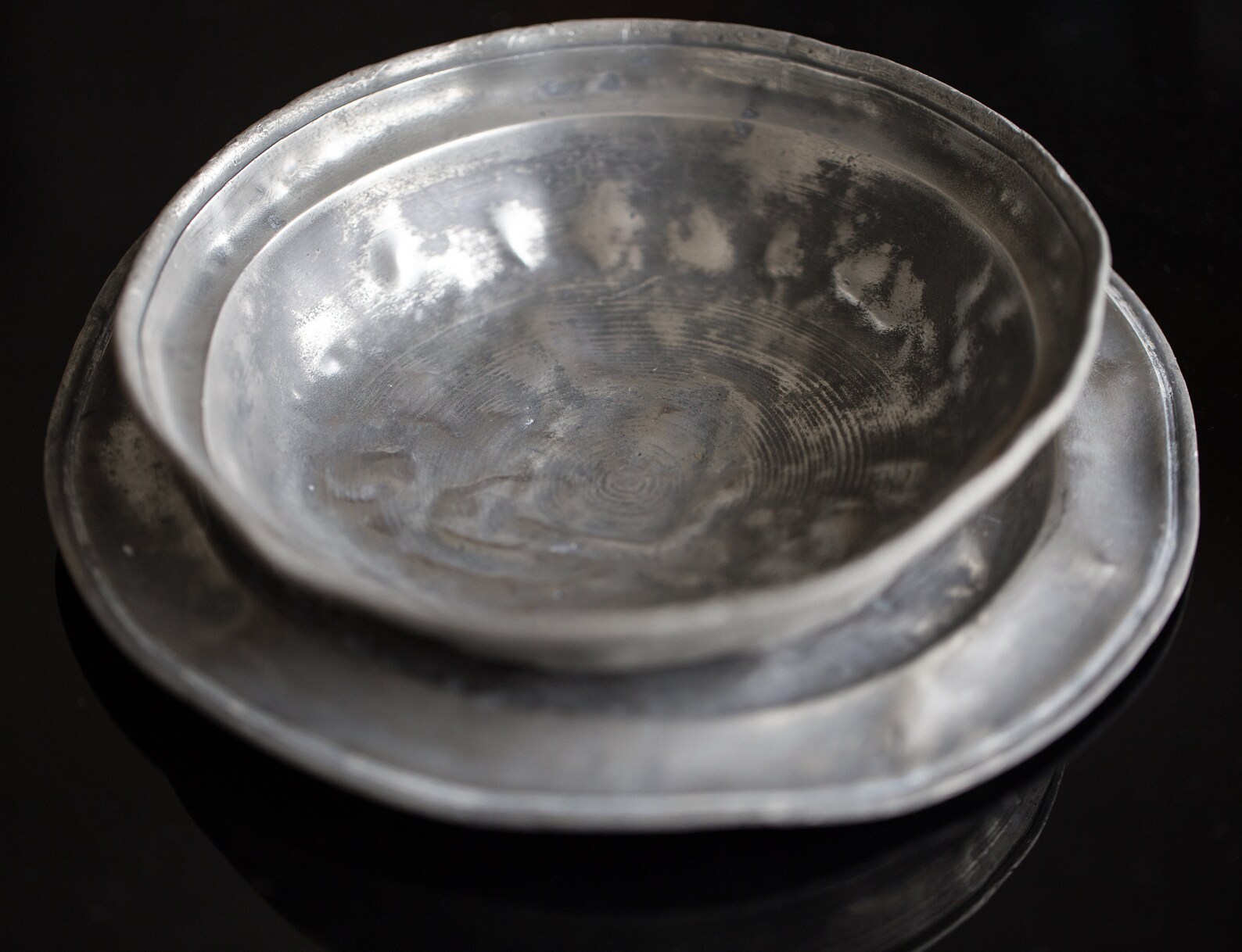 Antique Pewter Bowl and Plate Dinner Dish French Primitive Rustic Home ...