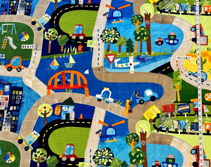 Car and Roads Fabric by the Yard, Train Track Fabric, Bridges and Boats ...