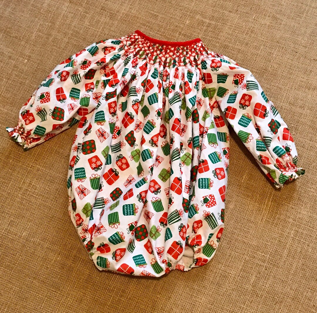 Smocked Christmas Bishop Bubble Romper: Red Green Presents, 12-18 ...