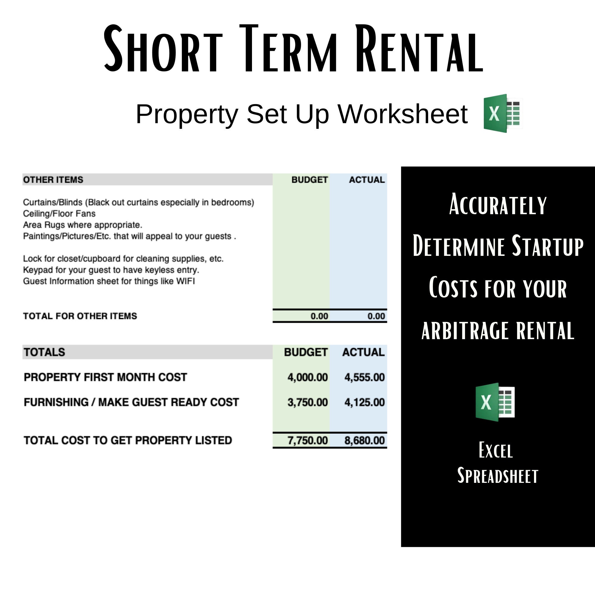 Airbnb Short Term Rental Set up Worksheet Rental Arbitrage EXCEL ...