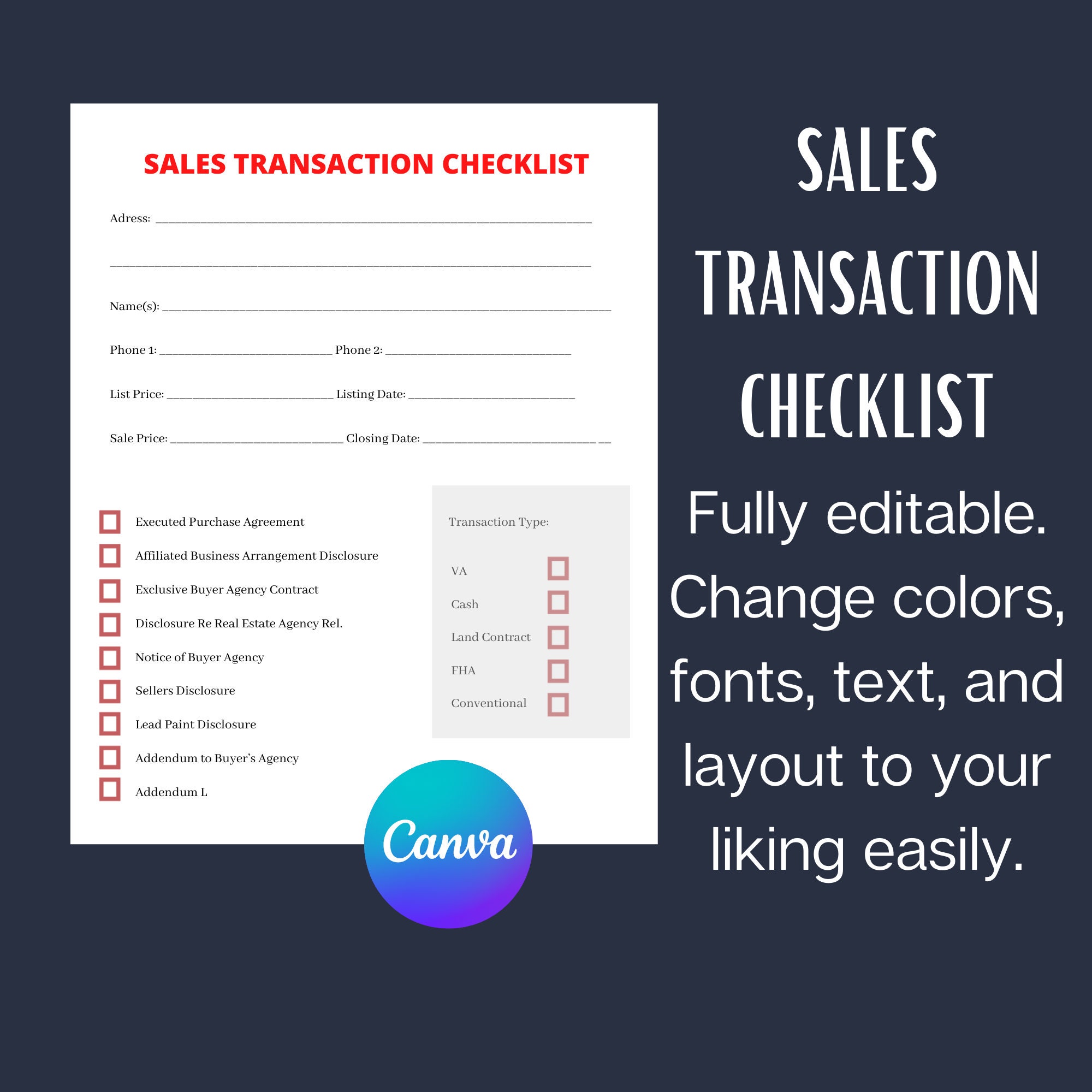 Transaction Tracker Real Estate Planner Real Estate Listing Sales ...