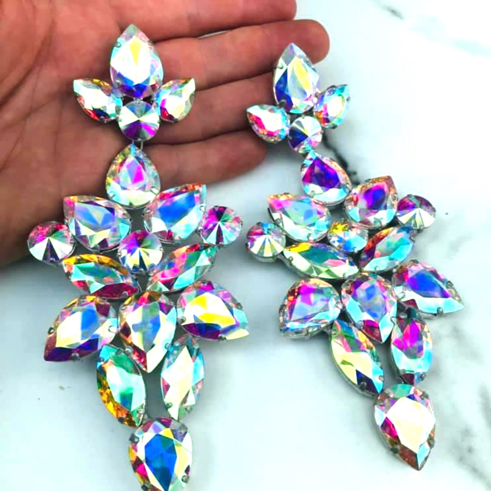 Oversized Rainbow Crystal Earrings Clip On Or Pierced Etsy