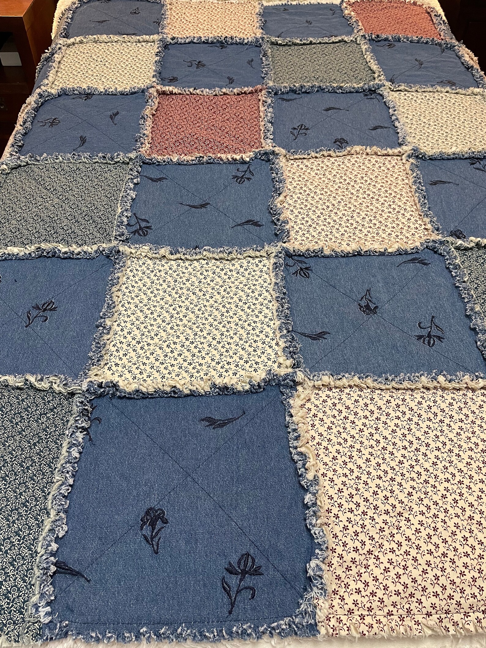 Primitive Floral and Denim Sofa Rag Quilt, Sofa Throw, Farmhouse Quilt ...