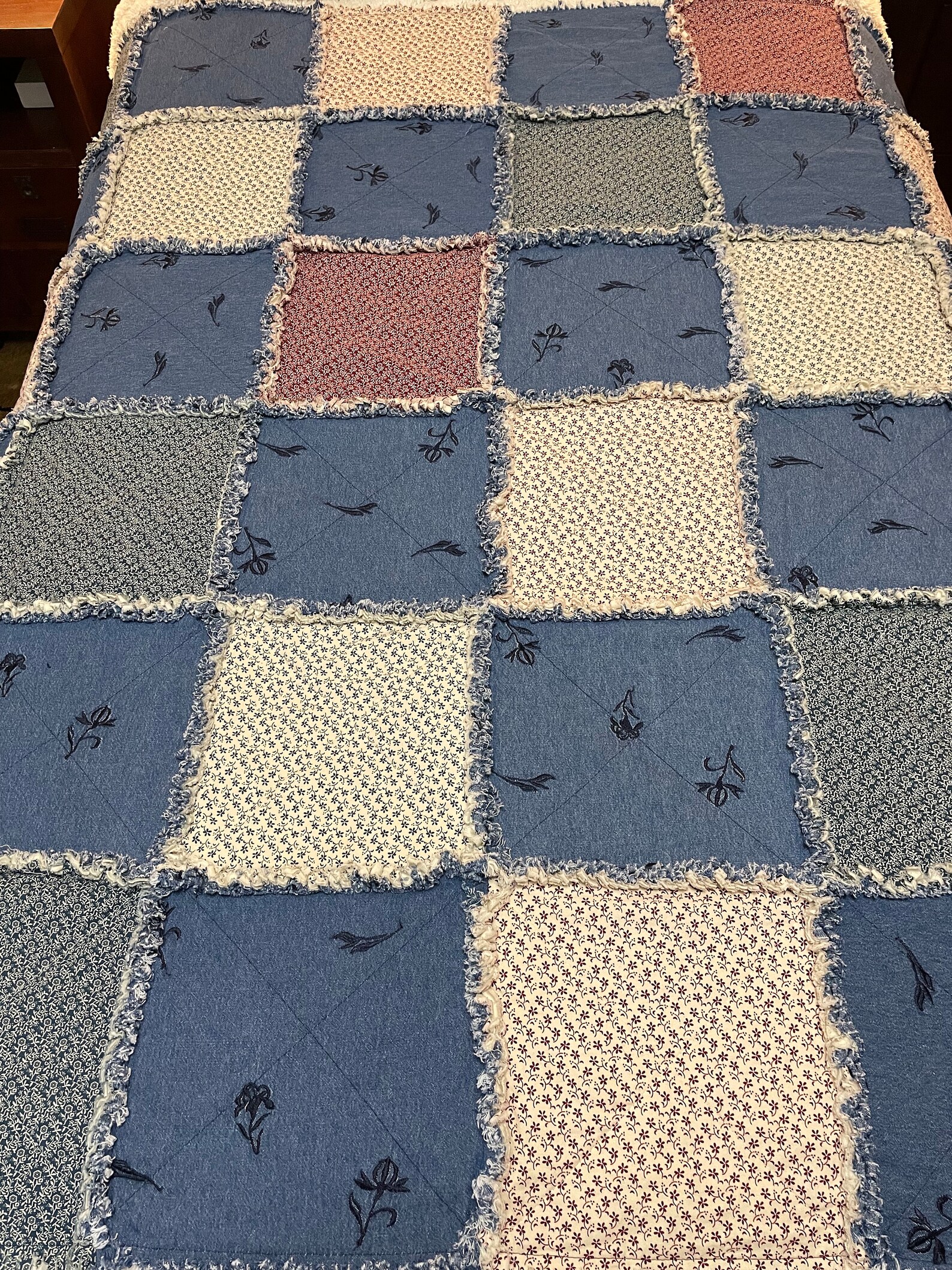 Primitive Floral and Denim Sofa Rag Quilt, Sofa Throw, Farmhouse Quilt ...