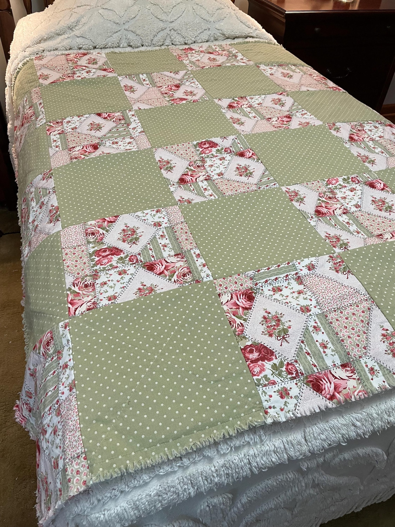 Pink and Green Floral Sofa Throw, Sofa Rag Quilt, Sofa Throw, Vintage ...