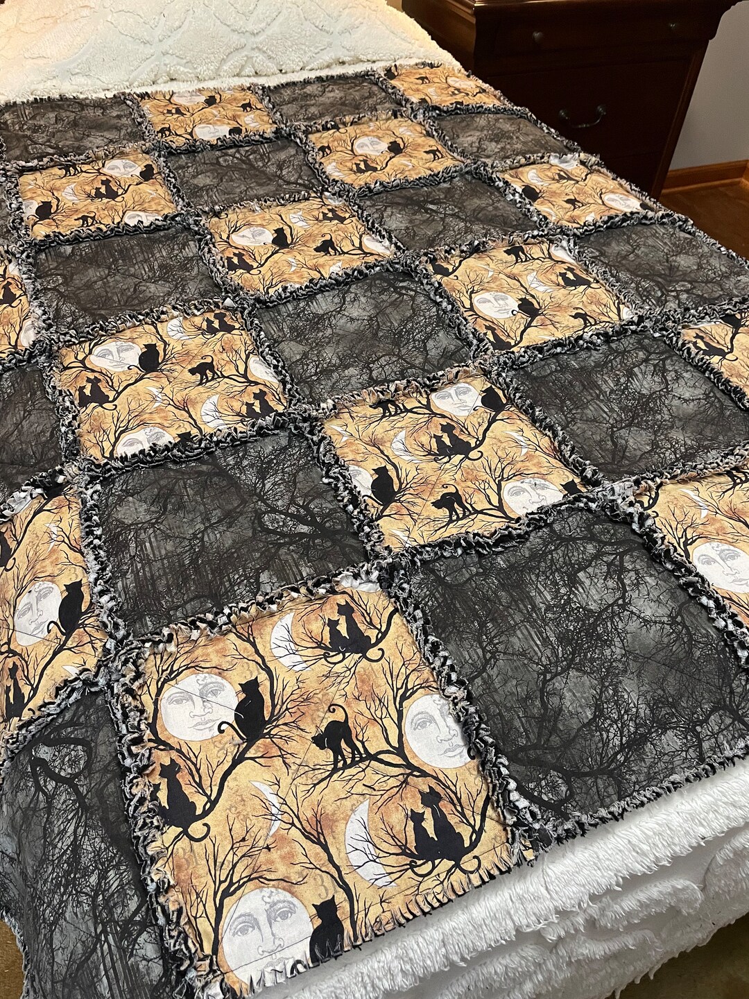 Black Cat Rag Quilt, Sofa Throw, Farmhouse Rag Quilt, Autumn Sofa Throw ...