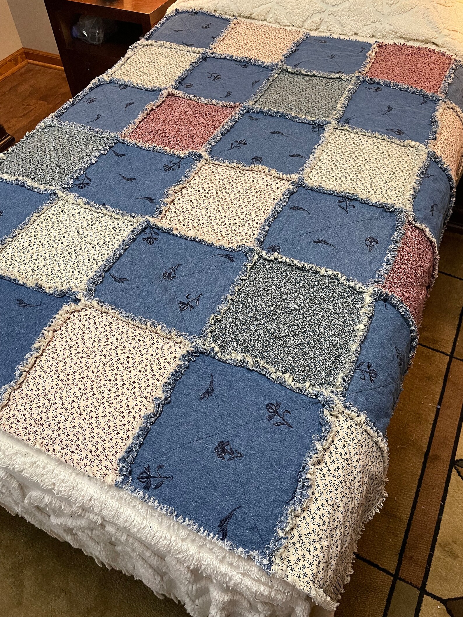 Primitive Floral and Denim Sofa Rag Quilt, Sofa Throw, Farmhouse Quilt ...