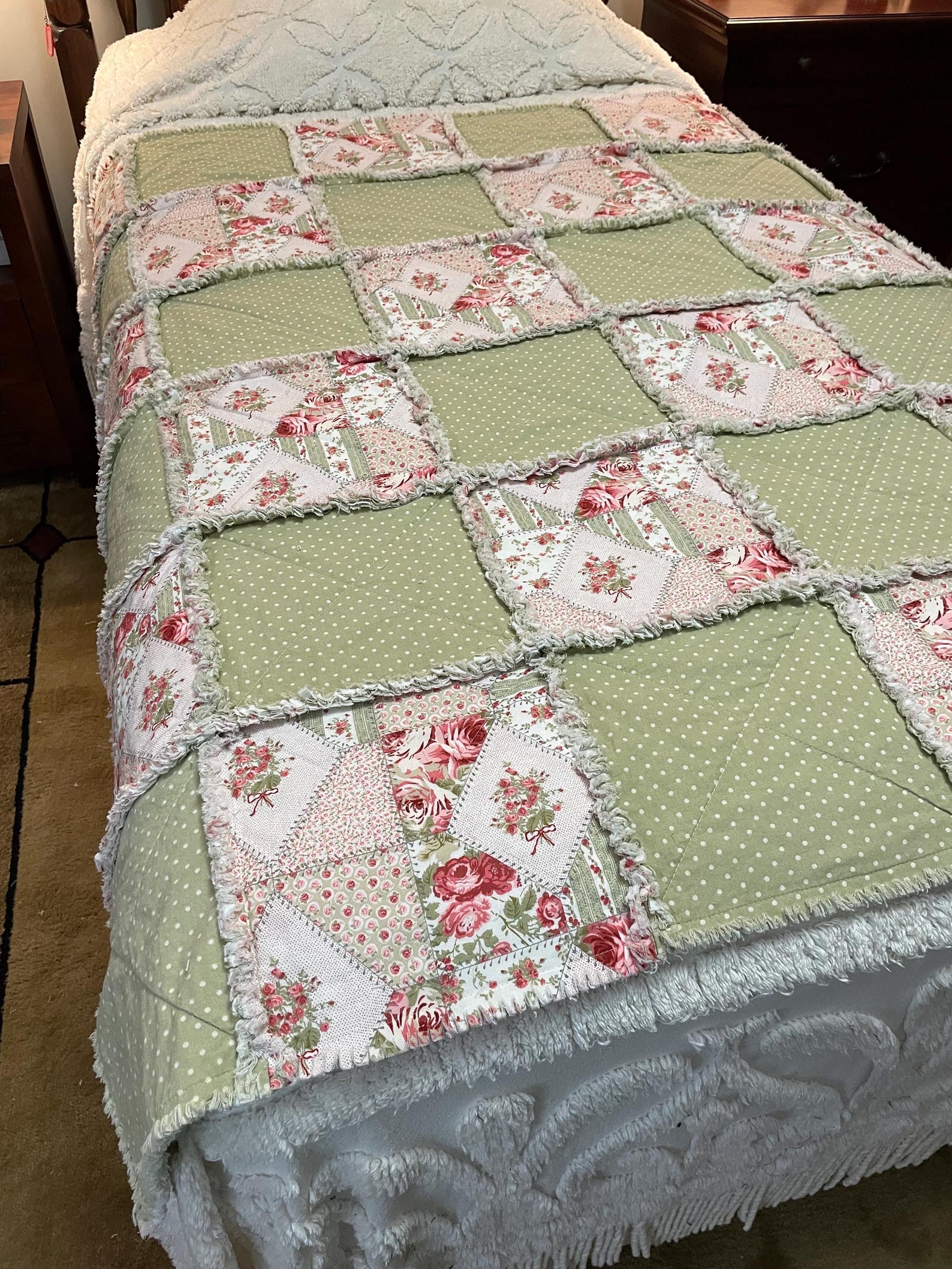 Pink and Green Floral Sofa Throw, Sofa Rag Quilt, Sofa Throw, Vintage ...