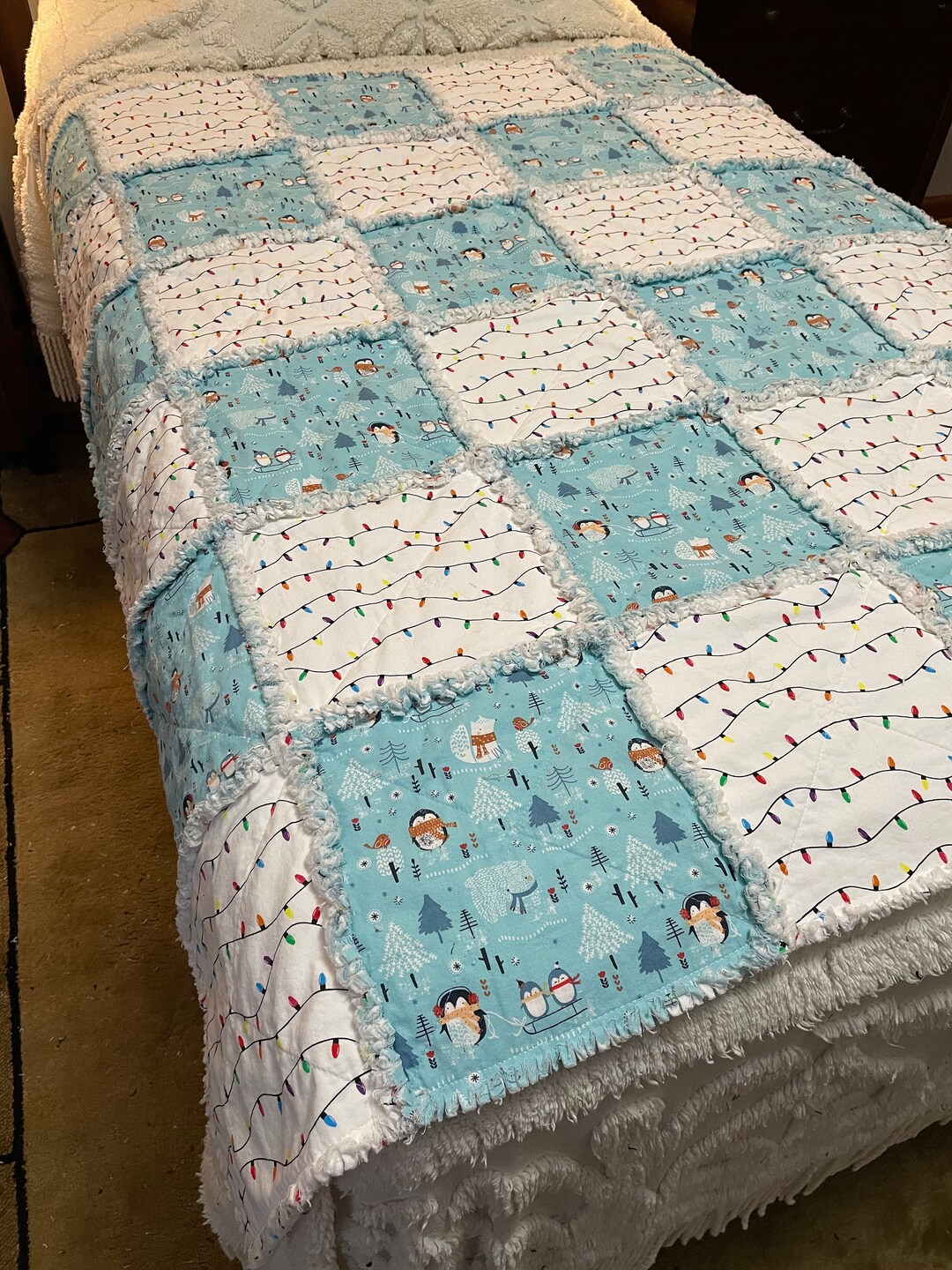 Holiday Penguin 2 Sofa Rag Quilt, Sofa Throw, Farmhouse Rag Quilt ...