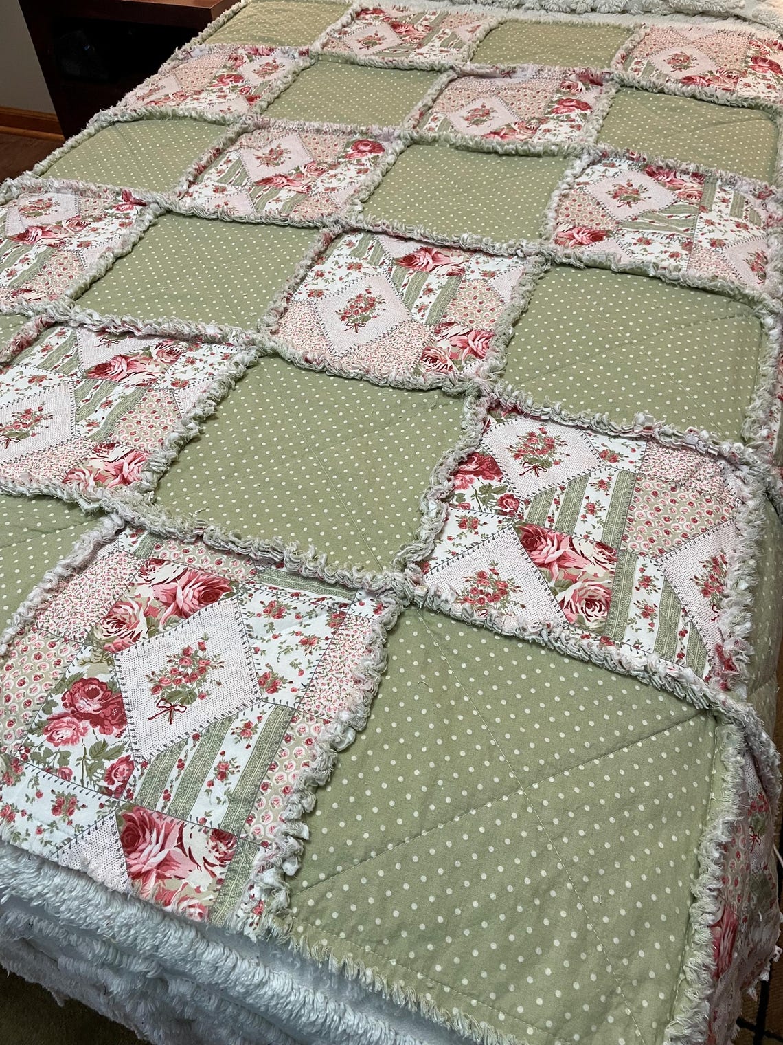 Pink and Green Floral Sofa Throw, Sofa Rag Quilt, Sofa Throw, Vintage ...