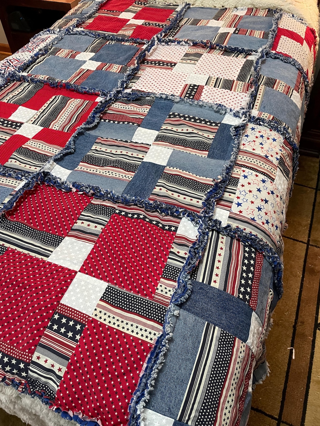 Patriotic Disappearing Nine Patch Rag Quilt 2, Sofa Throw, Denim Rag ...