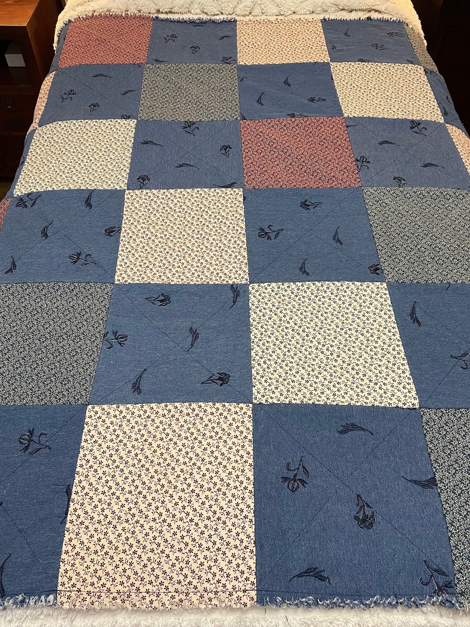 Primitive Floral and Denim Sofa Rag Quilt, Sofa Throw, Farmhouse Quilt ...