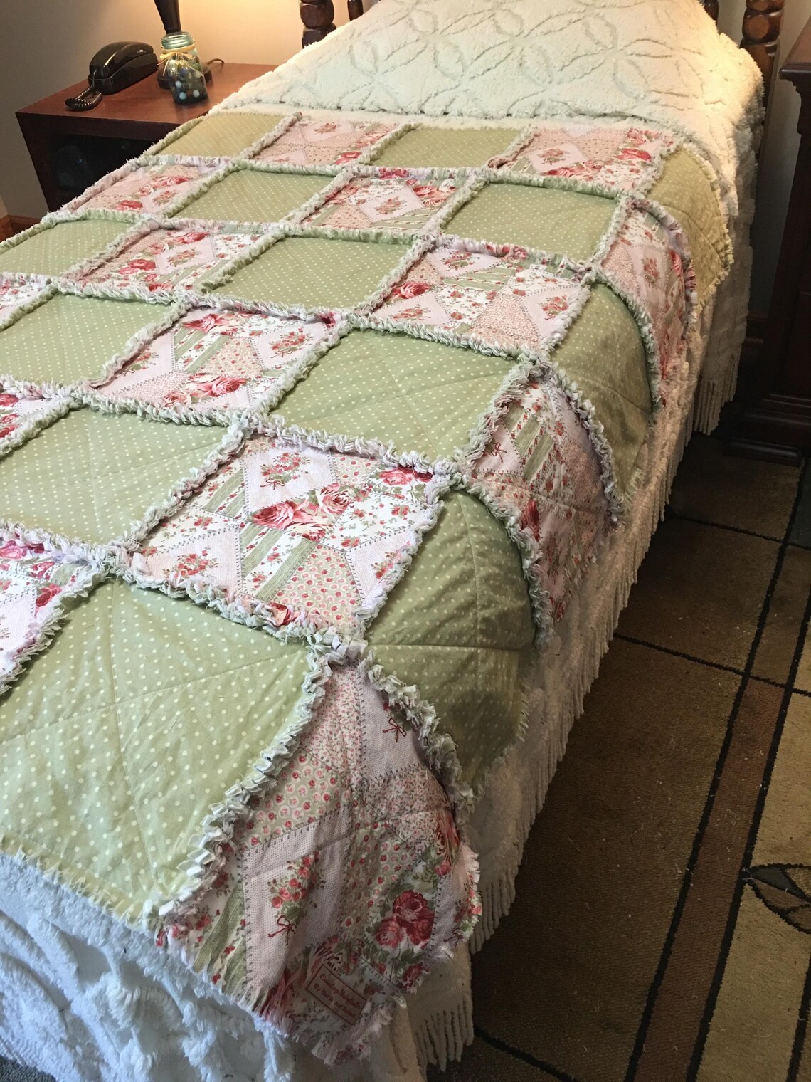 Pink and Green Floral Sofa Throw, Sofa Rag Quilt, Sofa Throw, Vintage ...
