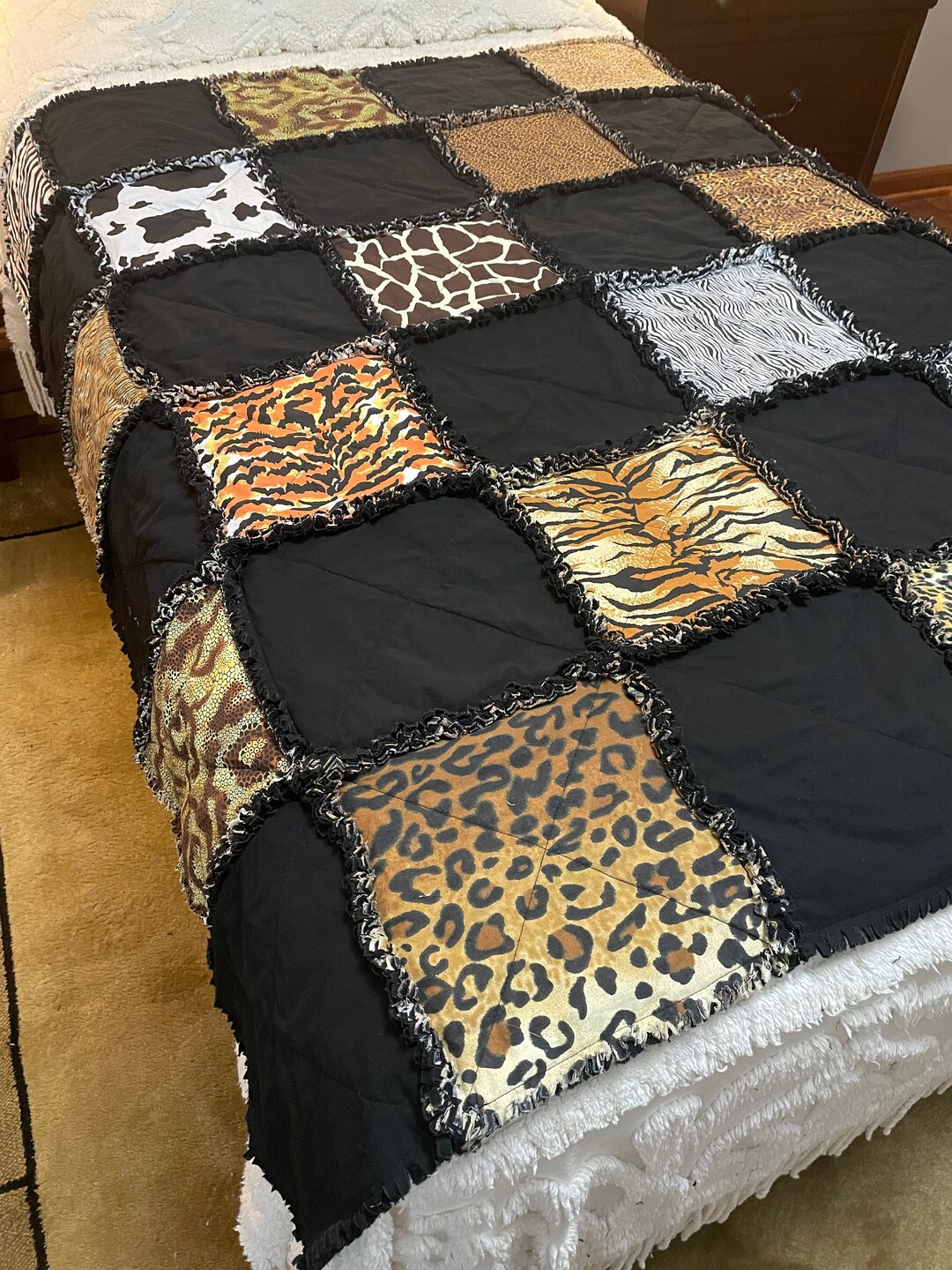 Animal Print Rag Quilt, Animal Print Sofa Throw, Handmade, Modern Decor ...