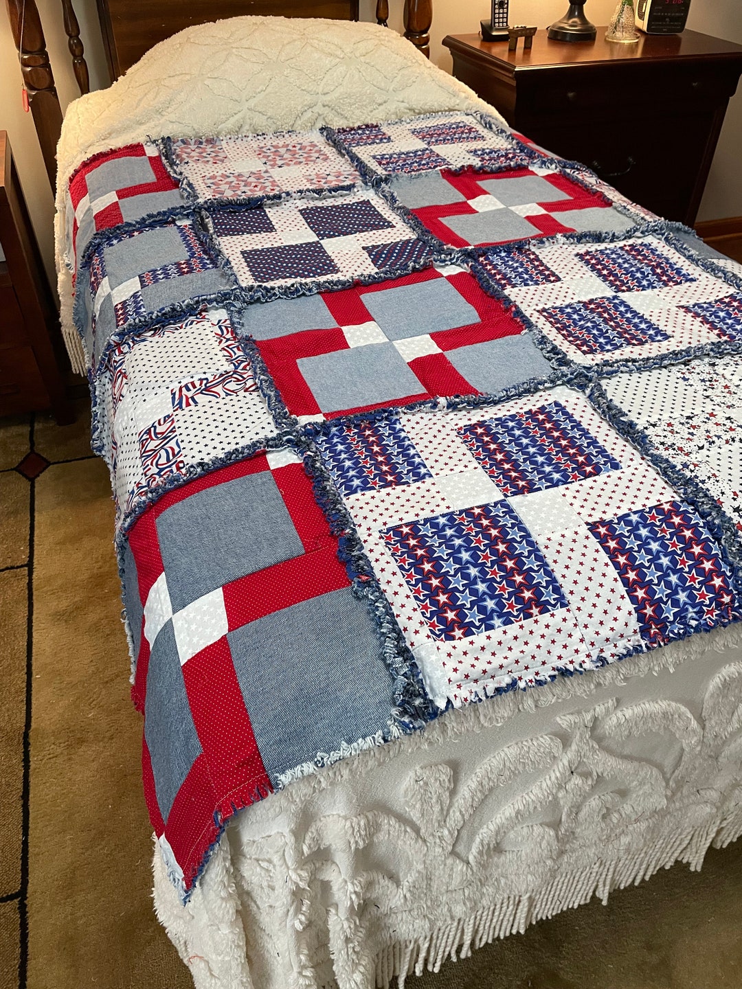 Patriotic Disappearing Nine Patch Rag Quilt, Sofa Throw, Denim Rag ...