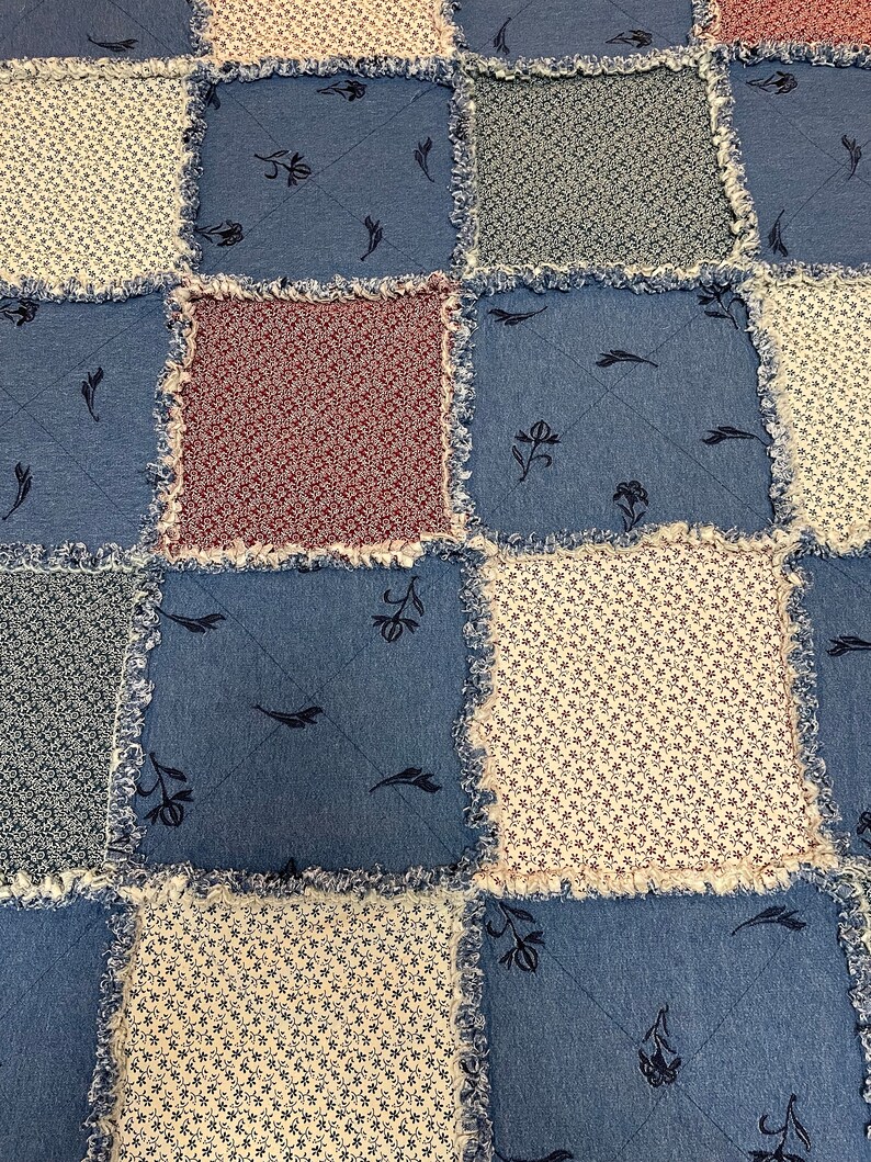 Primitive Floral and Denim Sofa Rag Quilt, Sofa Throw, Farmhouse Quilt ...