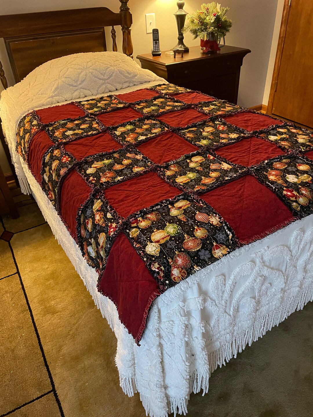 Holiday 2 Ornament Sofa Rag Quilt, Sofa Throw, Holiday Rag Quilt ...