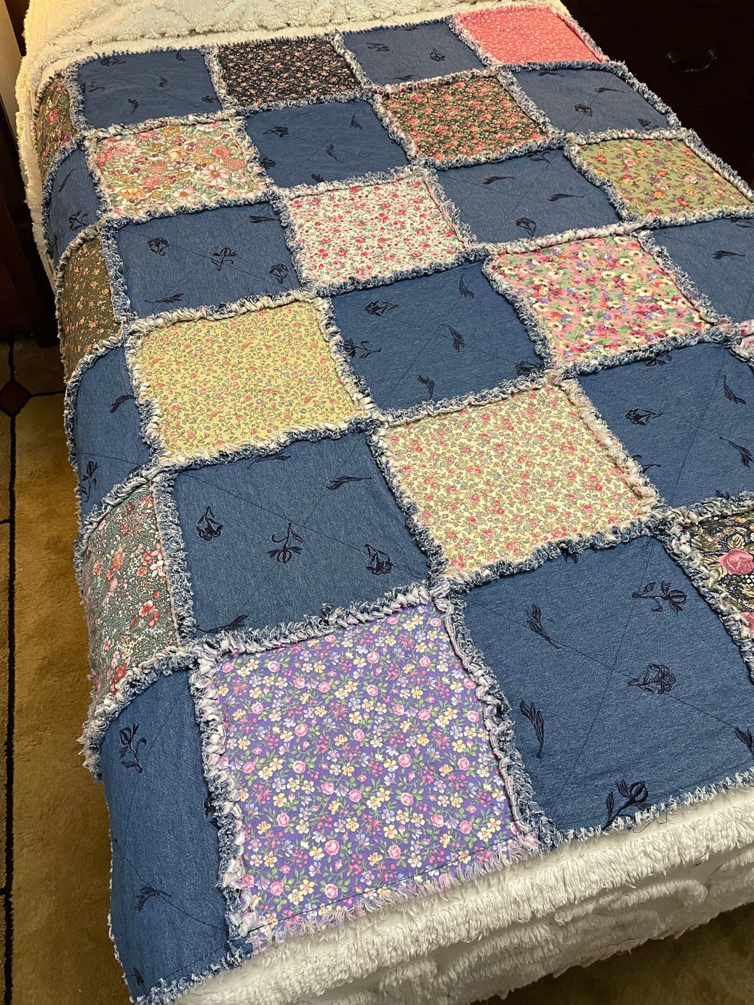 Vintage Floral Sofa Throw, Sofa Rag Quilt, Sofa Throw, Farmhouse ...