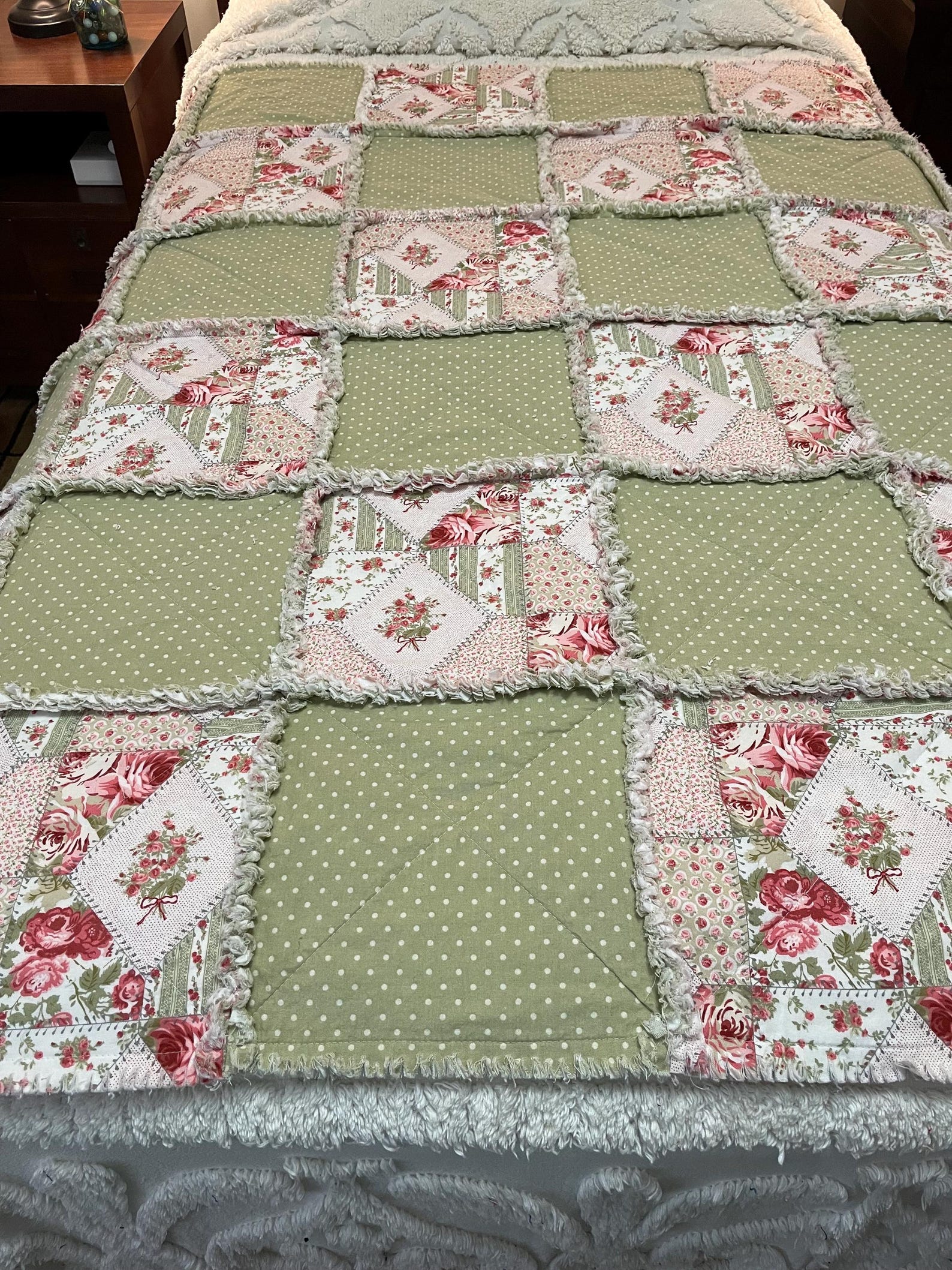 Pink and Green Floral Sofa Throw, Sofa Rag Quilt, Sofa Throw, Vintage ...