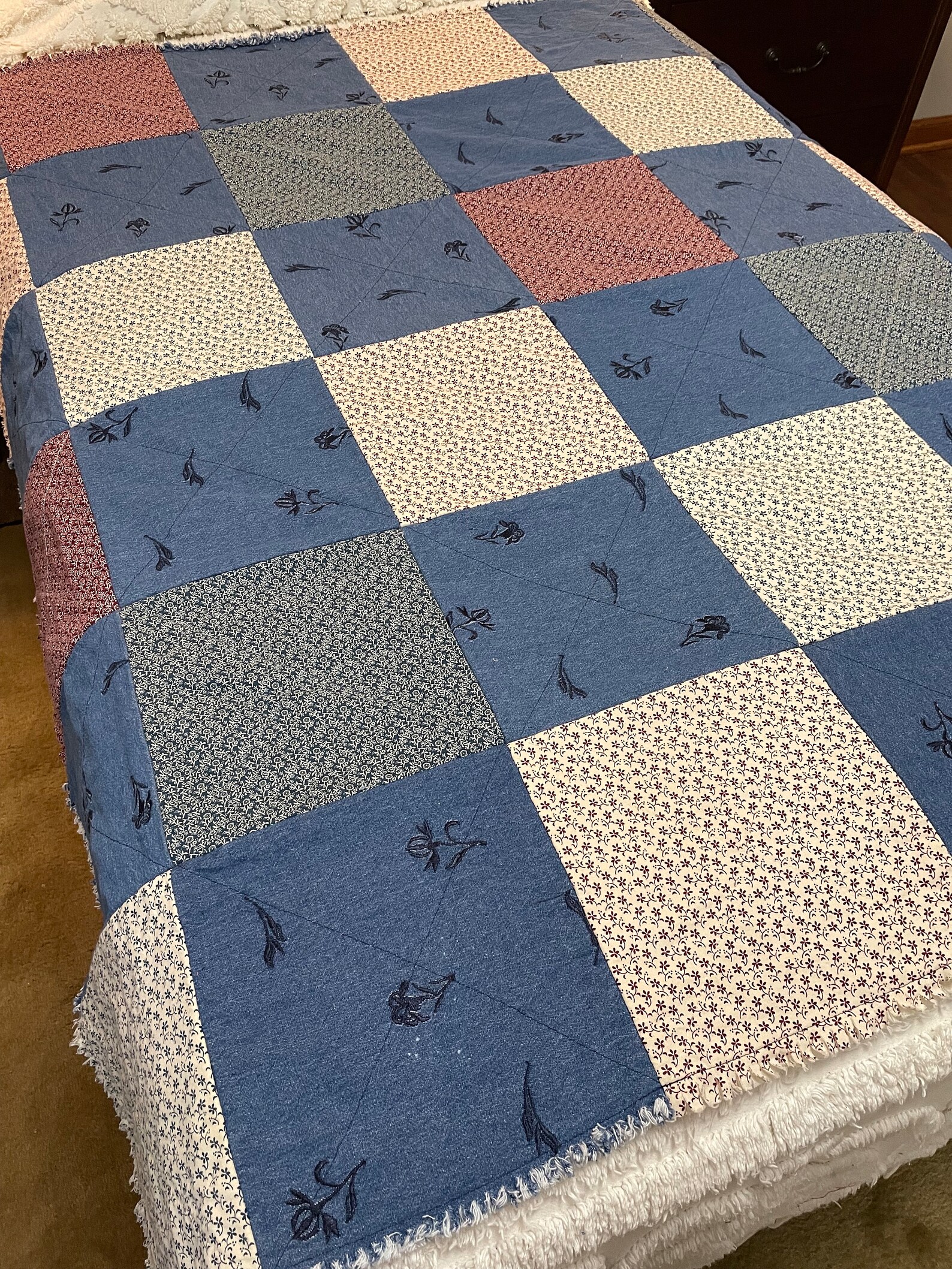 Primitive Floral and Denim Sofa Rag Quilt, Sofa Throw, Farmhouse Quilt ...