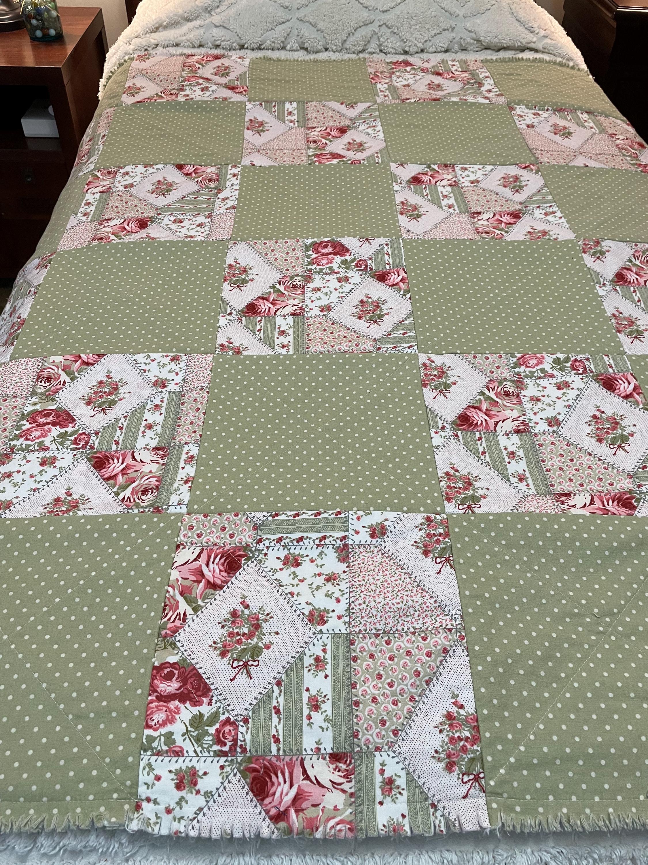 Pink and Green Floral Sofa Throw, Sofa Rag Quilt, Sofa Throw, Vintage ...