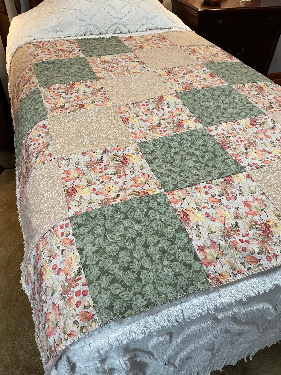 Autumn Leaves and Acorns Sofa Rag Quilt, Sofa Throw, Fall Rag Quilt ...