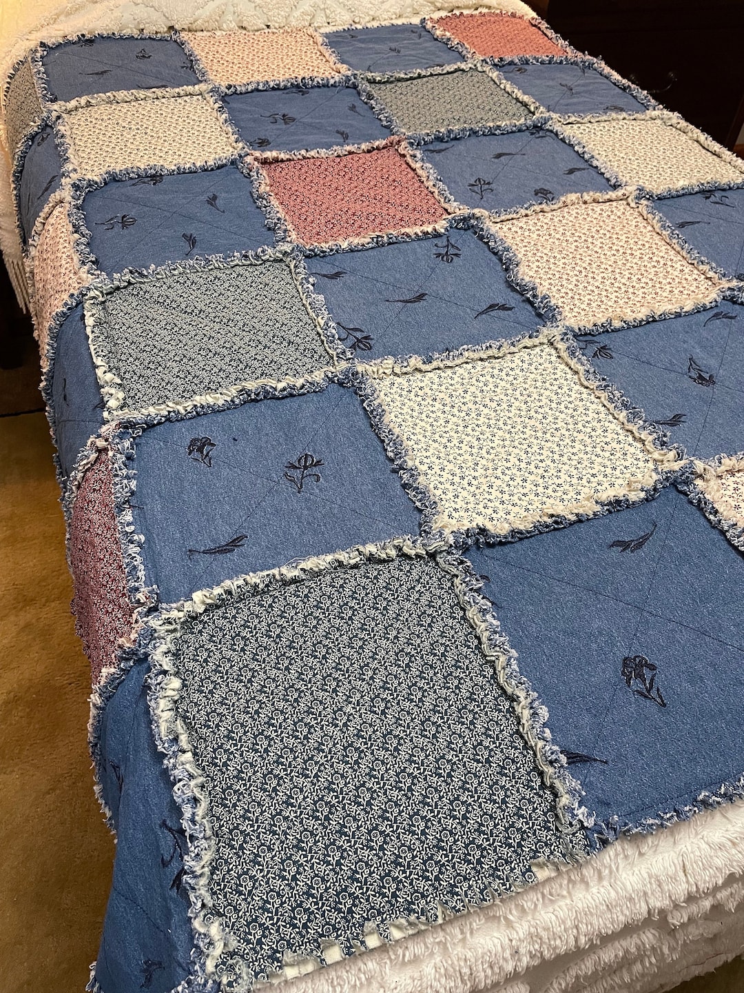 Primitive Floral and Denim Sofa Rag Quilt, Sofa Throw, Farmhouse Quilt ...