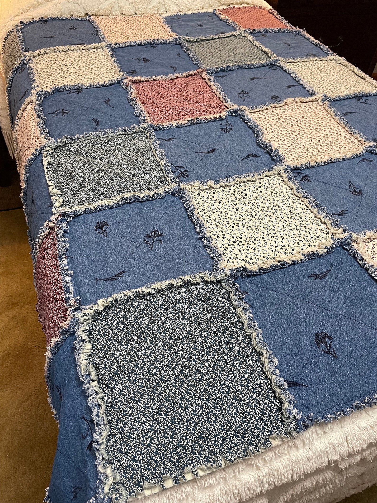 Primitive Floral and Denim Sofa Rag Quilt, Sofa Throw, Farmhouse Quilt ...