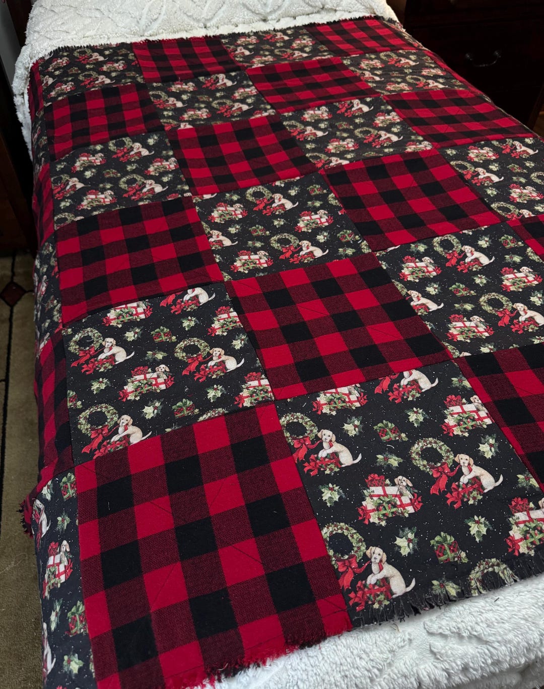 Holiday Dogs Sofa Rag Quilt, Sofa Throw, Holiday Rag Quilt, Holiday ...