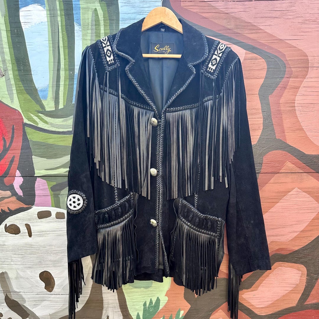 Scully Frontier Coat in Black Suede, Fringe, Hand-laced Beading, Fully ...