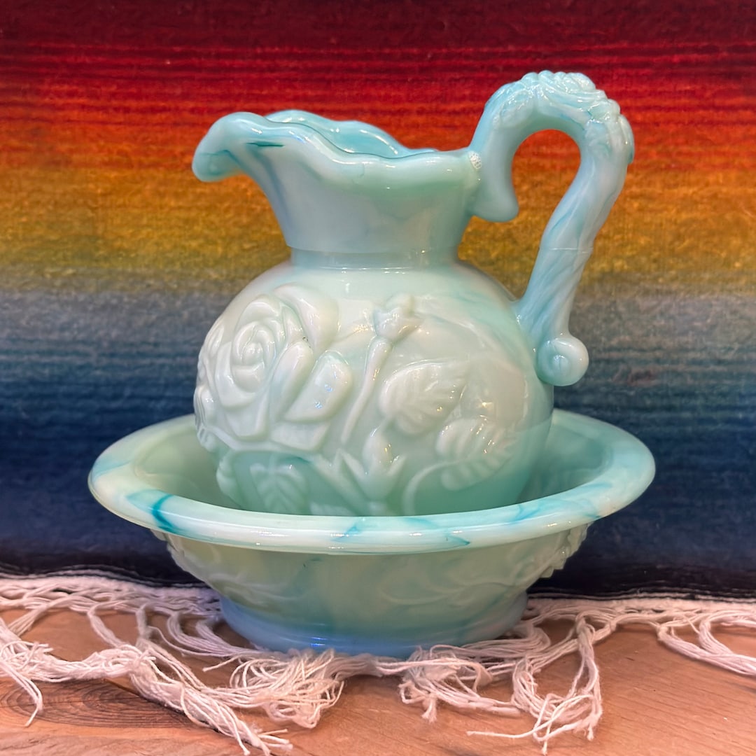 Marbled Blue Glass Mini Pitcher and Bowl Set 2, Vintage Avon Home ...
