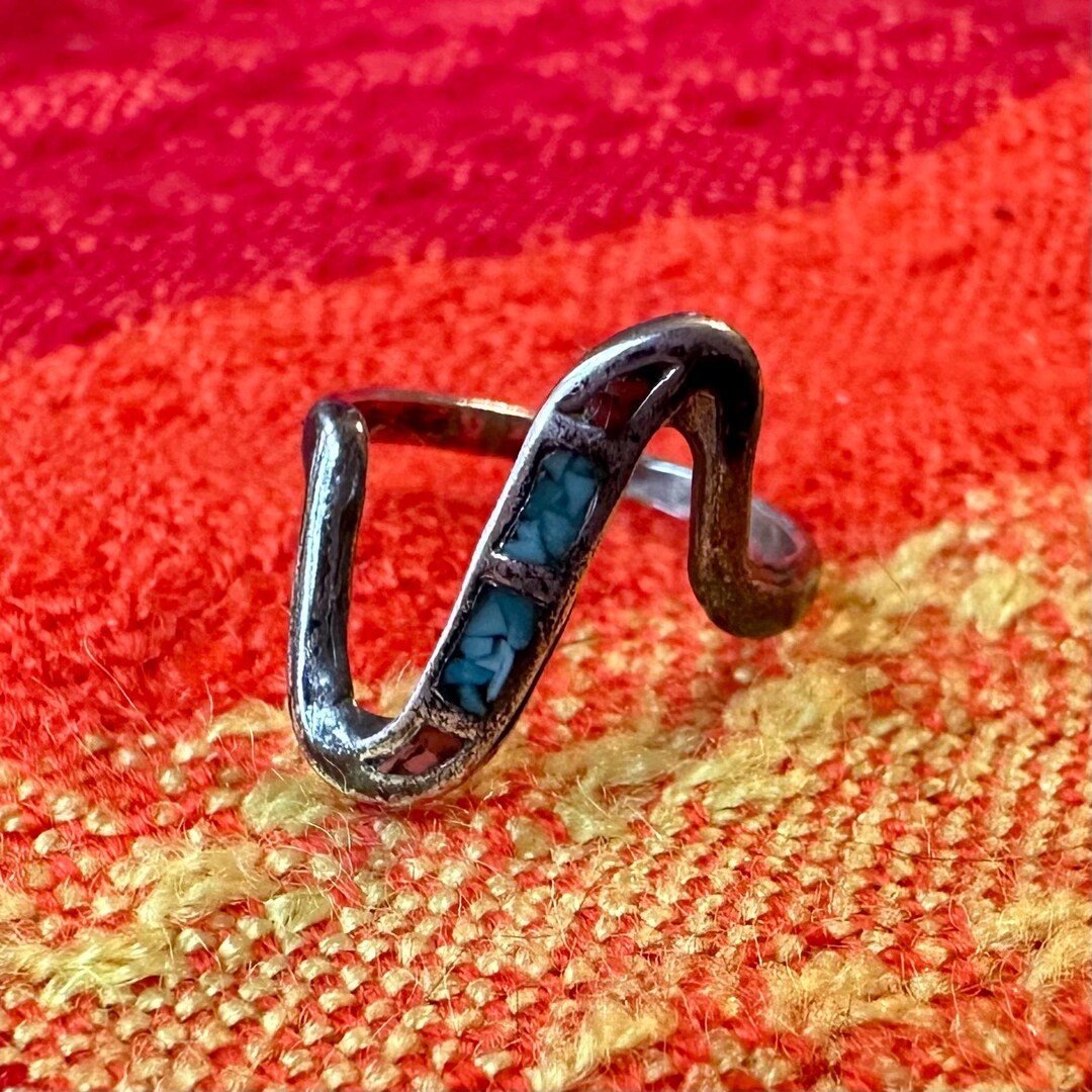 Turquoise Coral Chip Inlay Ring, Wave Design, Vintage Western Jewelry ...