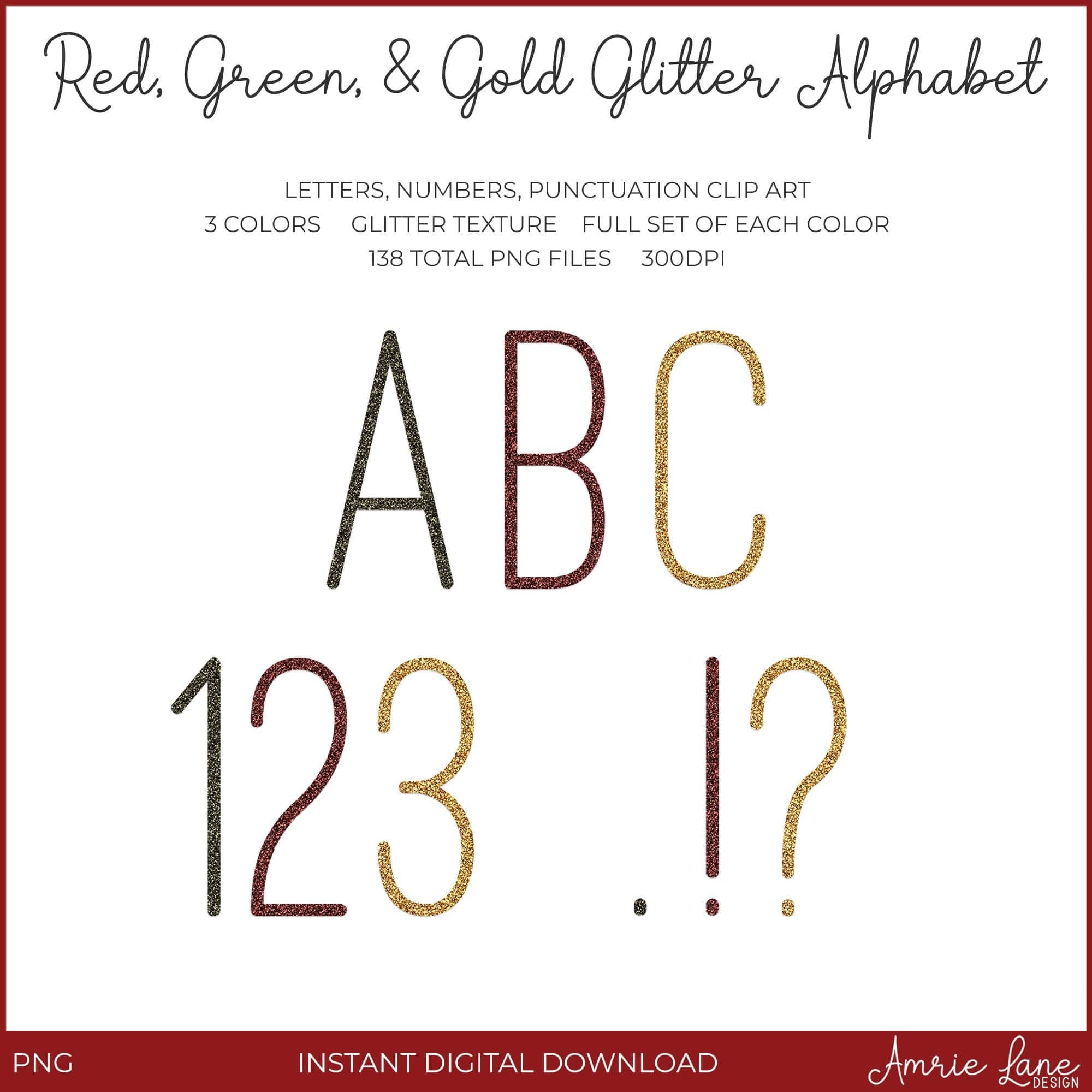 Glitter Texture Alphabet Clip Art Uppercase Red, Green, and Gold ...