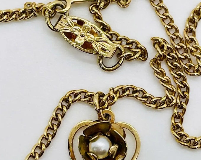 Sarah Coventry 1970s Faux Pearl in Gold Tone Rosebud Open Heart Pendant ...
