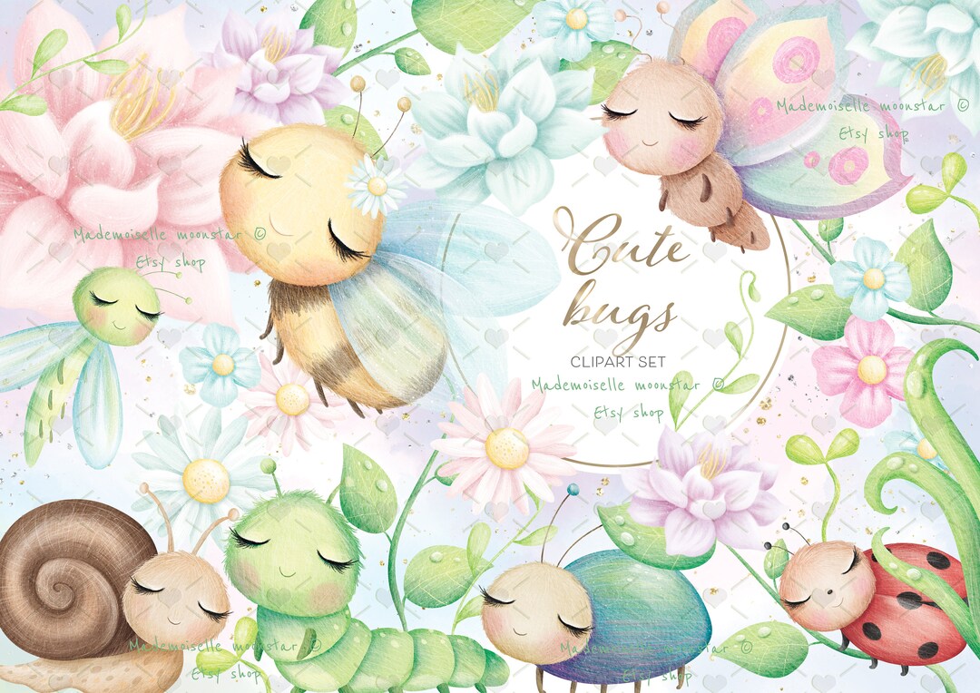 Cute Bugs Clipart Set. Bee, Ladybug, Caterpillar, Snail, Butterfly ...
