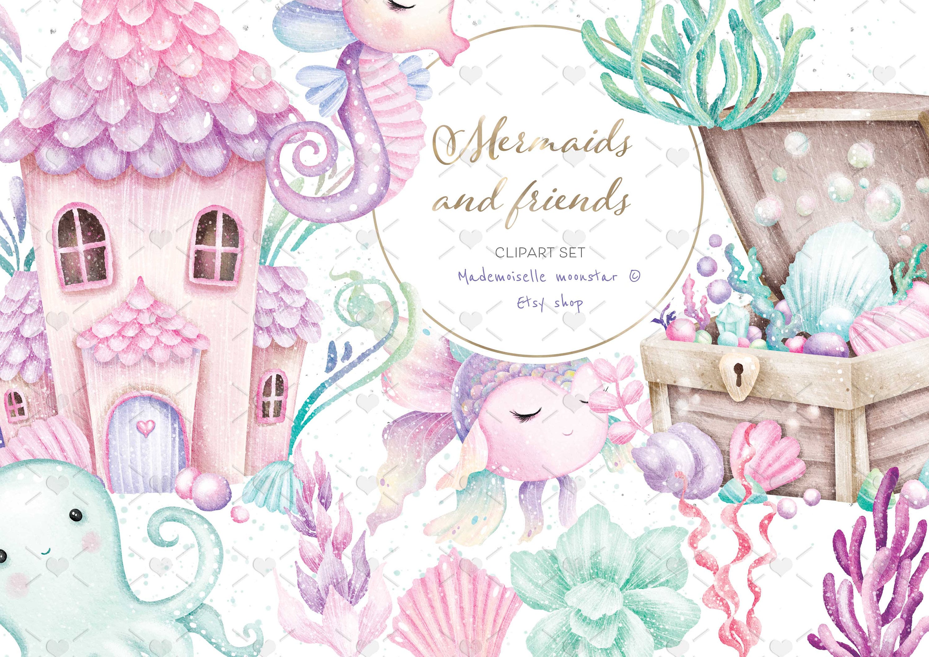 Cute Mermaid and Sea Animals Clipart Set. Mermaid House, Underwater ...